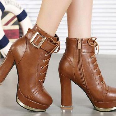 Lace Up Brown High Heel Ankle Boots on Luulla